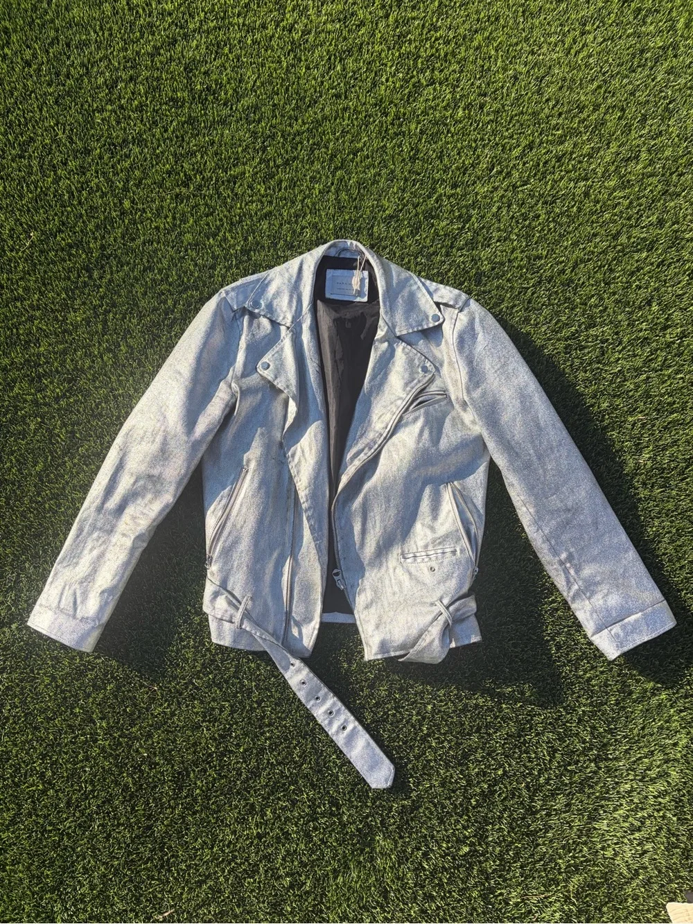 Zara | Jackets & Coats | Zara Metallic Silver Moto Leather Jacket ...